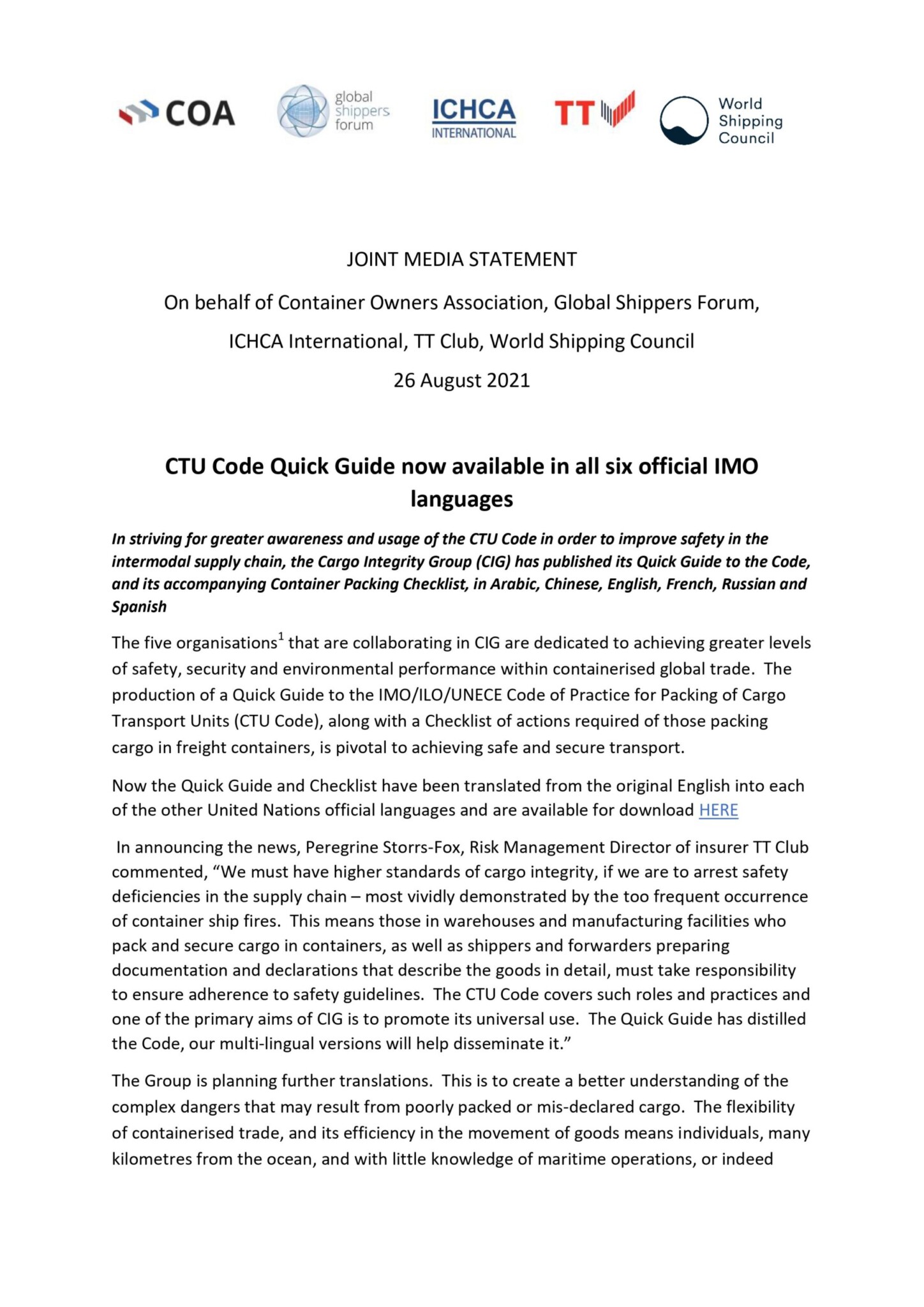 JOINT MEDIA STATEMENT - On behalf of Container Owners Association ...